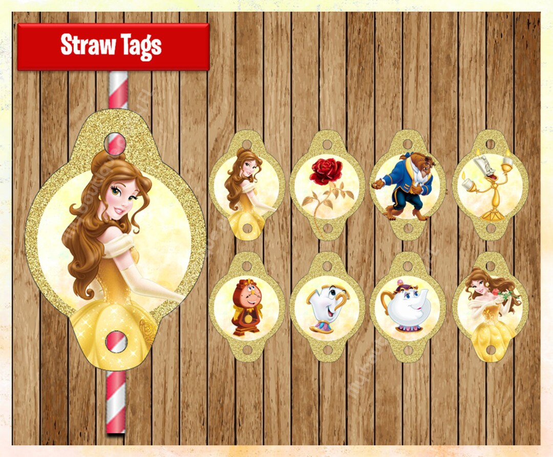 Princess Belle Straw Toppers, Printable Princess Straw Tags, Beauty and ...