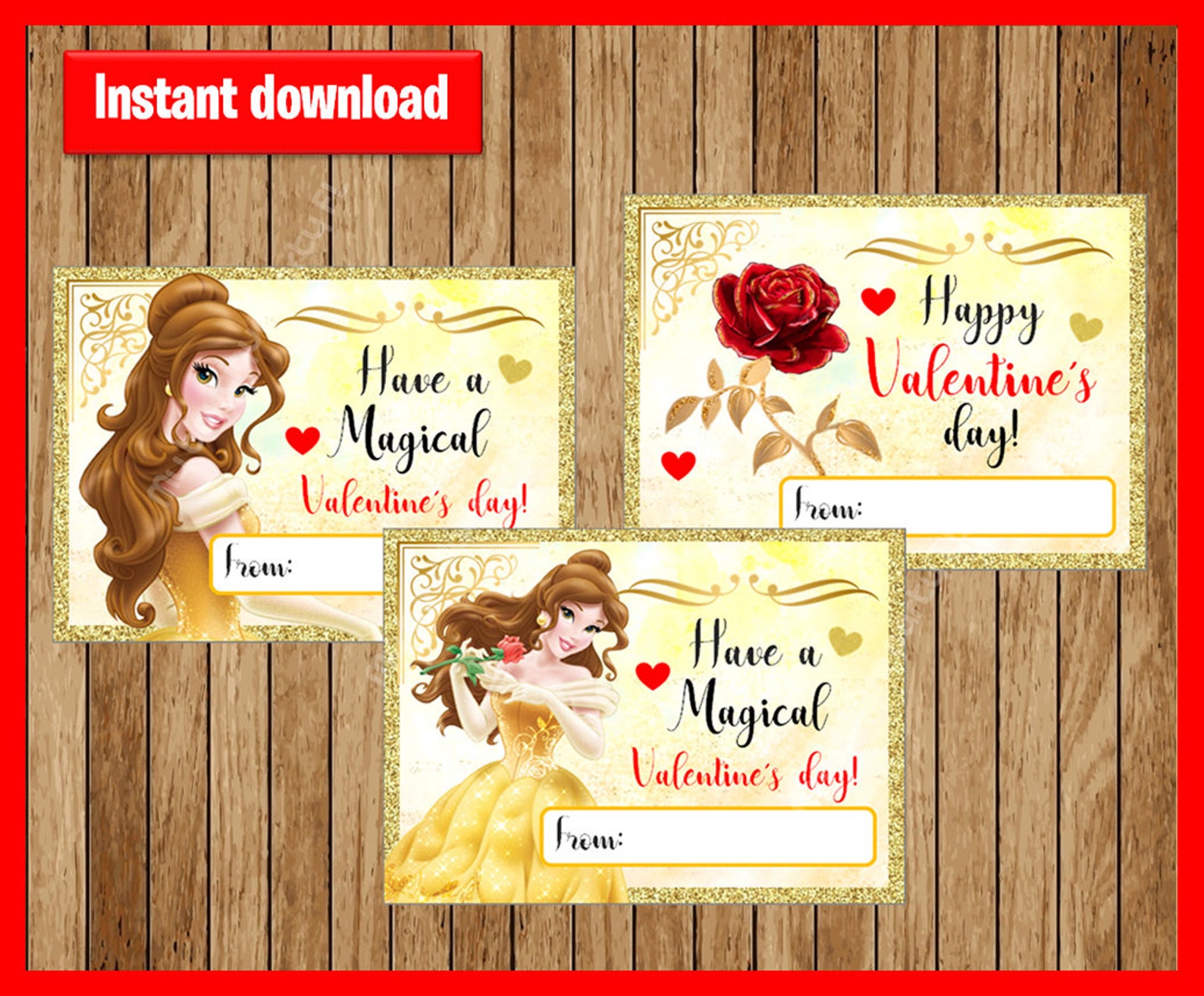 Princess Belle Valentine's Day Cards Instant Download | Etsy