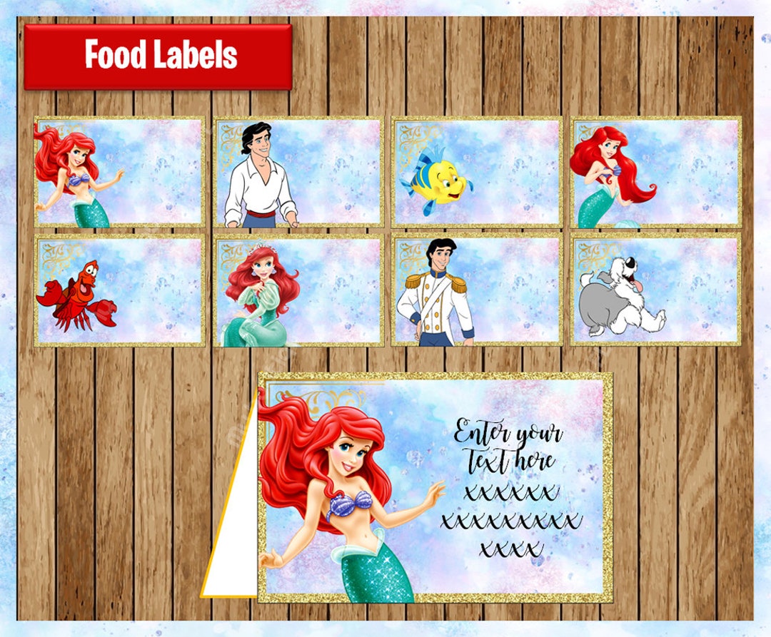 Princess Ariel Food Labels, Printable Princess Food Tent Cards, Litte ...