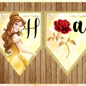 Princess Belle Banner, Printable Princess Triangle Banner, Beauty and ...