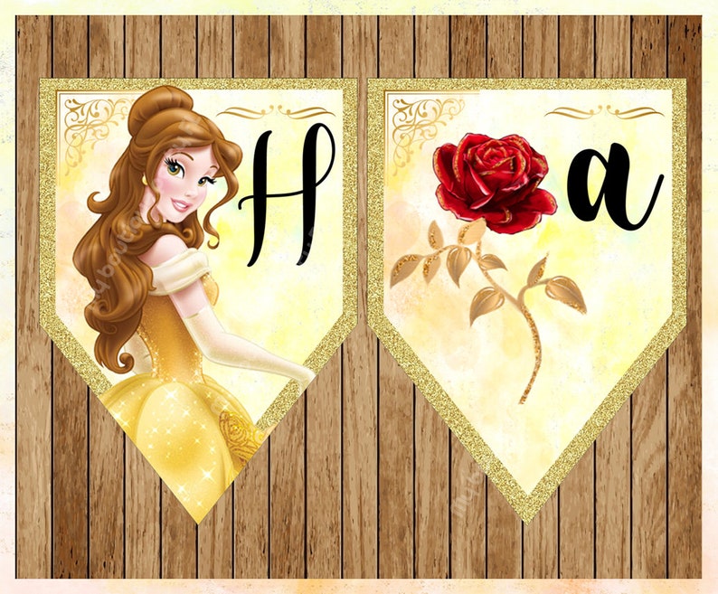 Princess Belle Banner, Printable Princess Triangle Banner, Beauty and ...