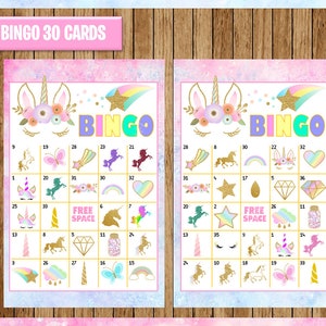 Unicorn Bingo Game Instant Download, Printable Unicorn 30 Cards ...