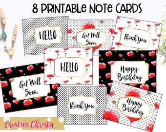 Black and White Note Cards Printable Set of 8 Stationery Polka | Etsy