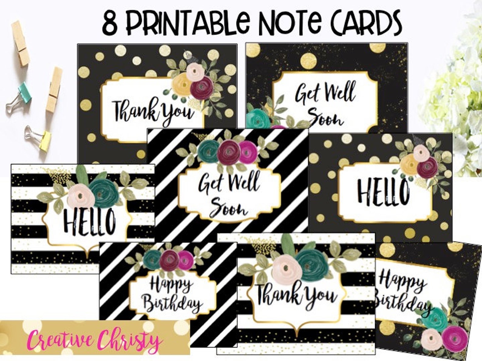 Black and White Note Cards Printable Set of 8 Stationery Polka Dots and ...