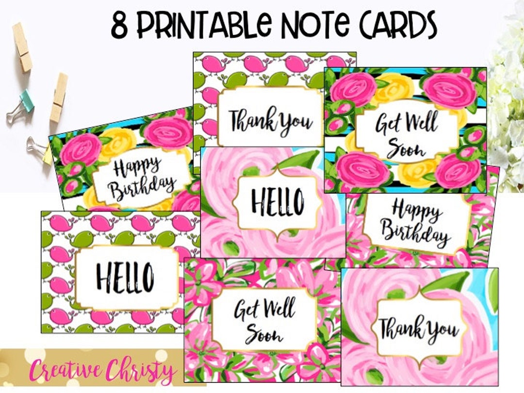 Colorful Pink and Green Note Cards Printable Set of 8 Stationery Floral ...