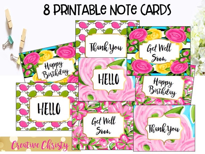 Colorful Pink and Green Note Cards Printable Set of 8 Stationery Floral ...