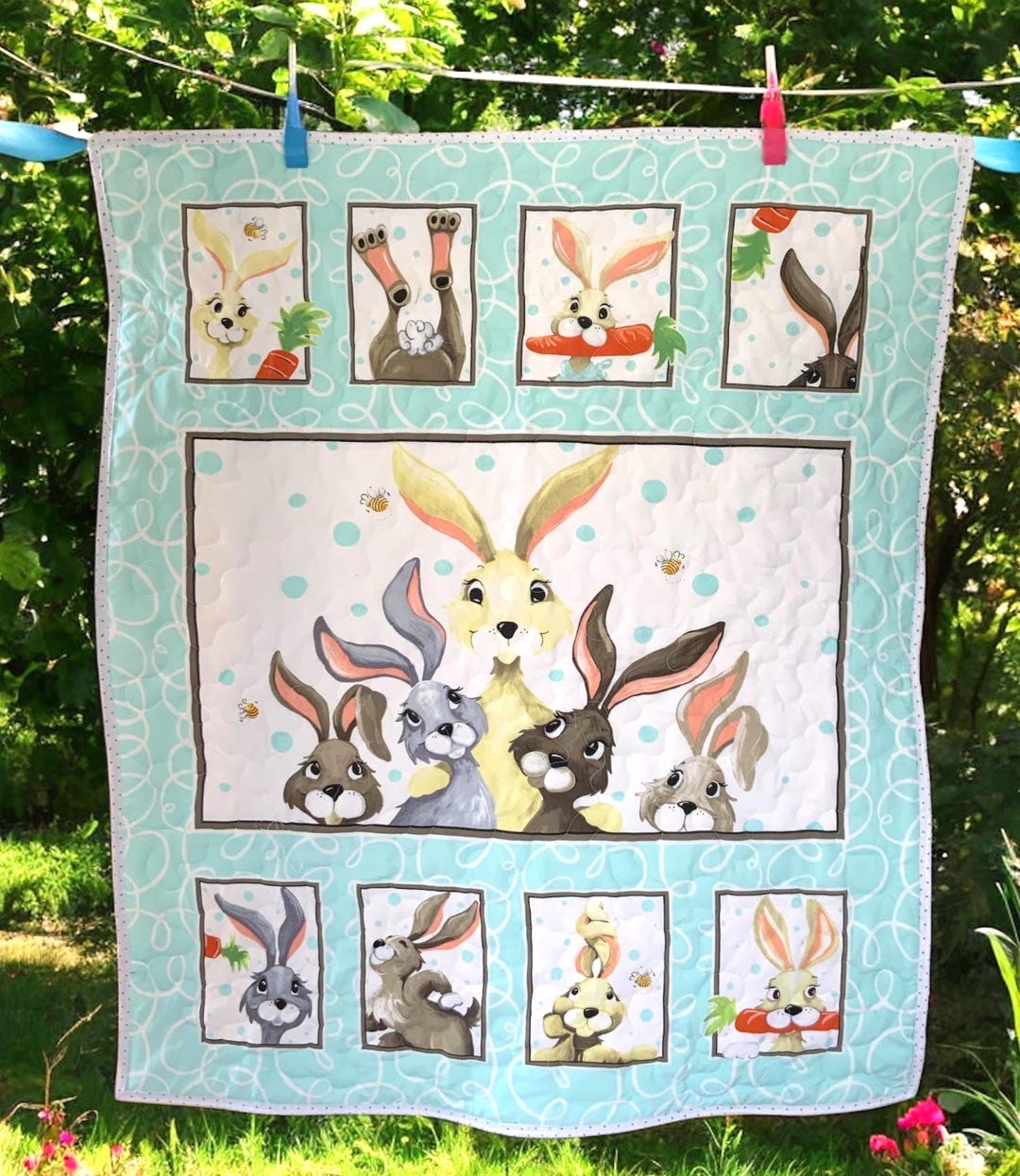 Rabbit Baby Quilt, Funny Rabbit Baby Blanket, Baby Quilt, Handmade Baby ...