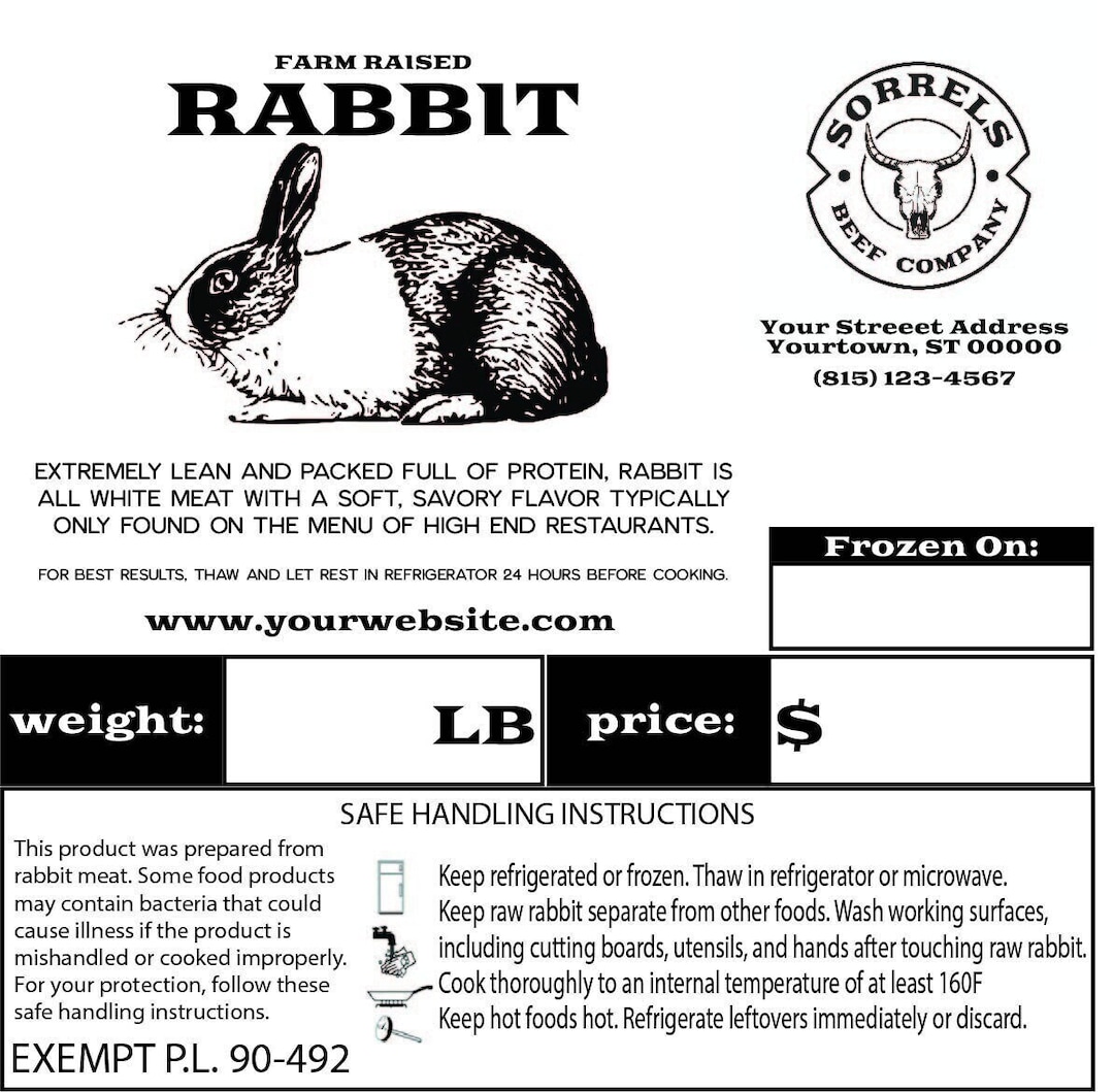 Rabbit Poultry Custom Processing Freezer Label PL 90-492 EXEMPT Farm ...