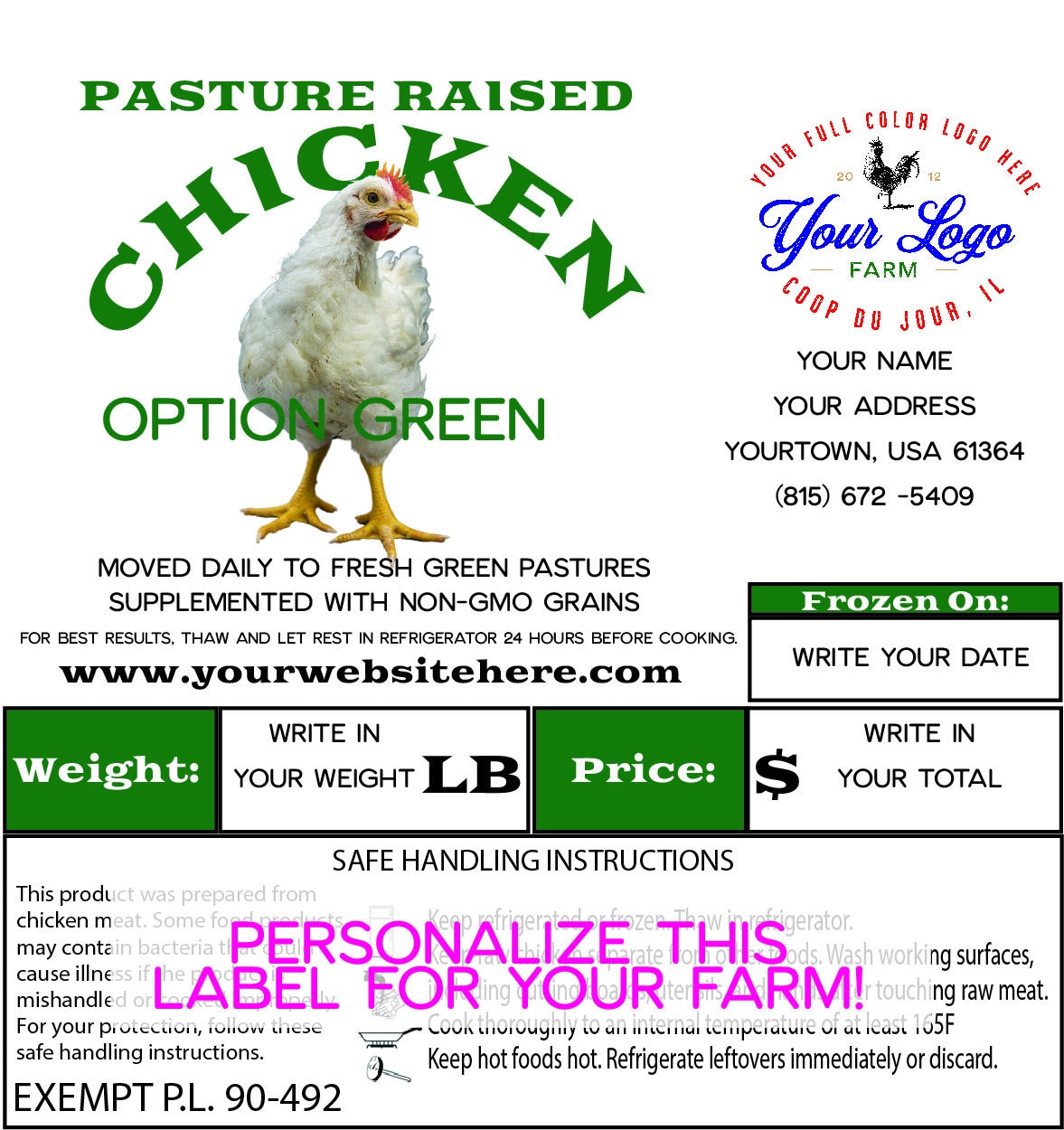 Chicken Poultry Custom Processing Label PL 90-492 EXEMPT Pasture Raised ...