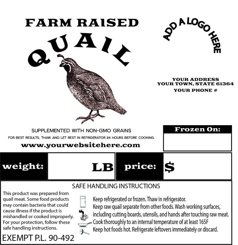 QUAIL Poultry Custom Processing Label PL 90-492 EXEMPT Farm Raised ...