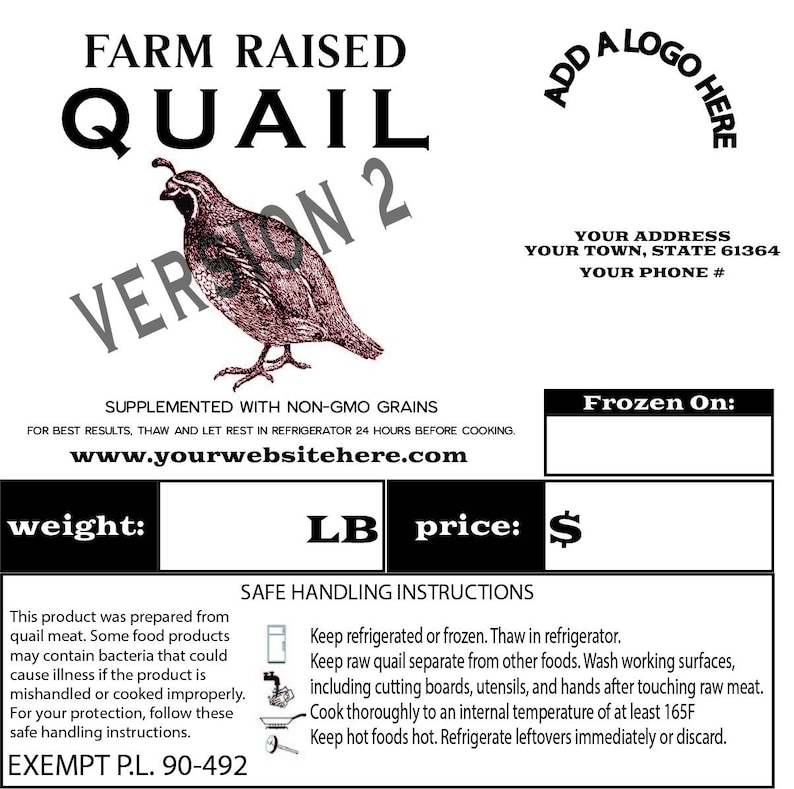 QUAIL Poultry Custom Processing Label PL 90-492 EXEMPT Farm Raised ...
