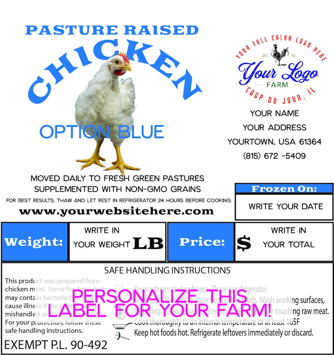 Chicken Poultry Custom Processing Label PL 90-492 EXEMPT Pasture Raised ...