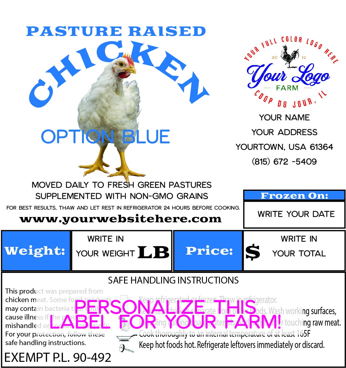 Chicken Poultry Custom Processing Label PL 90-492 EXEMPT Pasture Raised ...