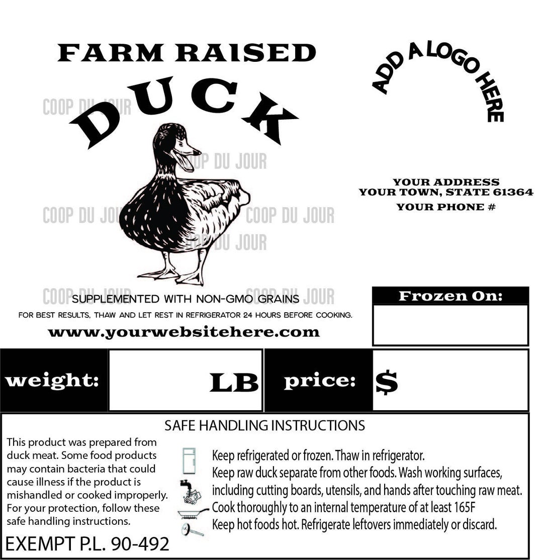 DUCK Poultry Custom Processing Label PL 90-492 EXEMPT Farm Raised - 100 ...