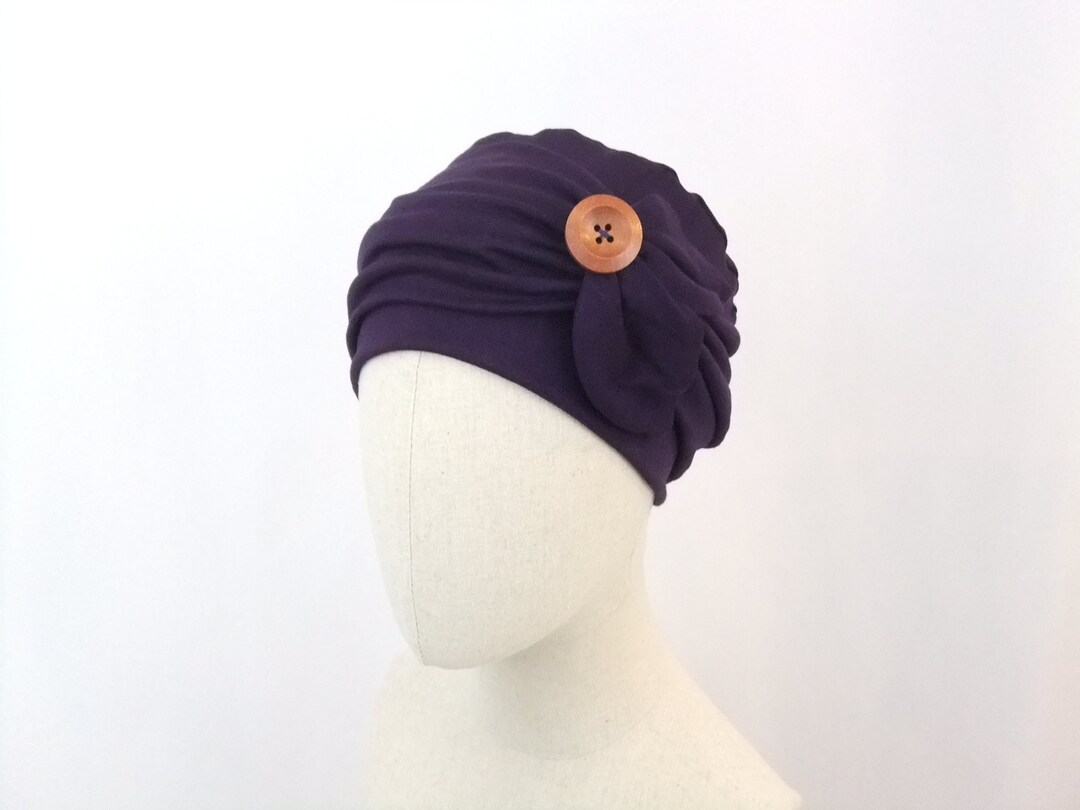 Chemo Hat, Purple Cap With Headband, Cancer Turban With Button - Etsy