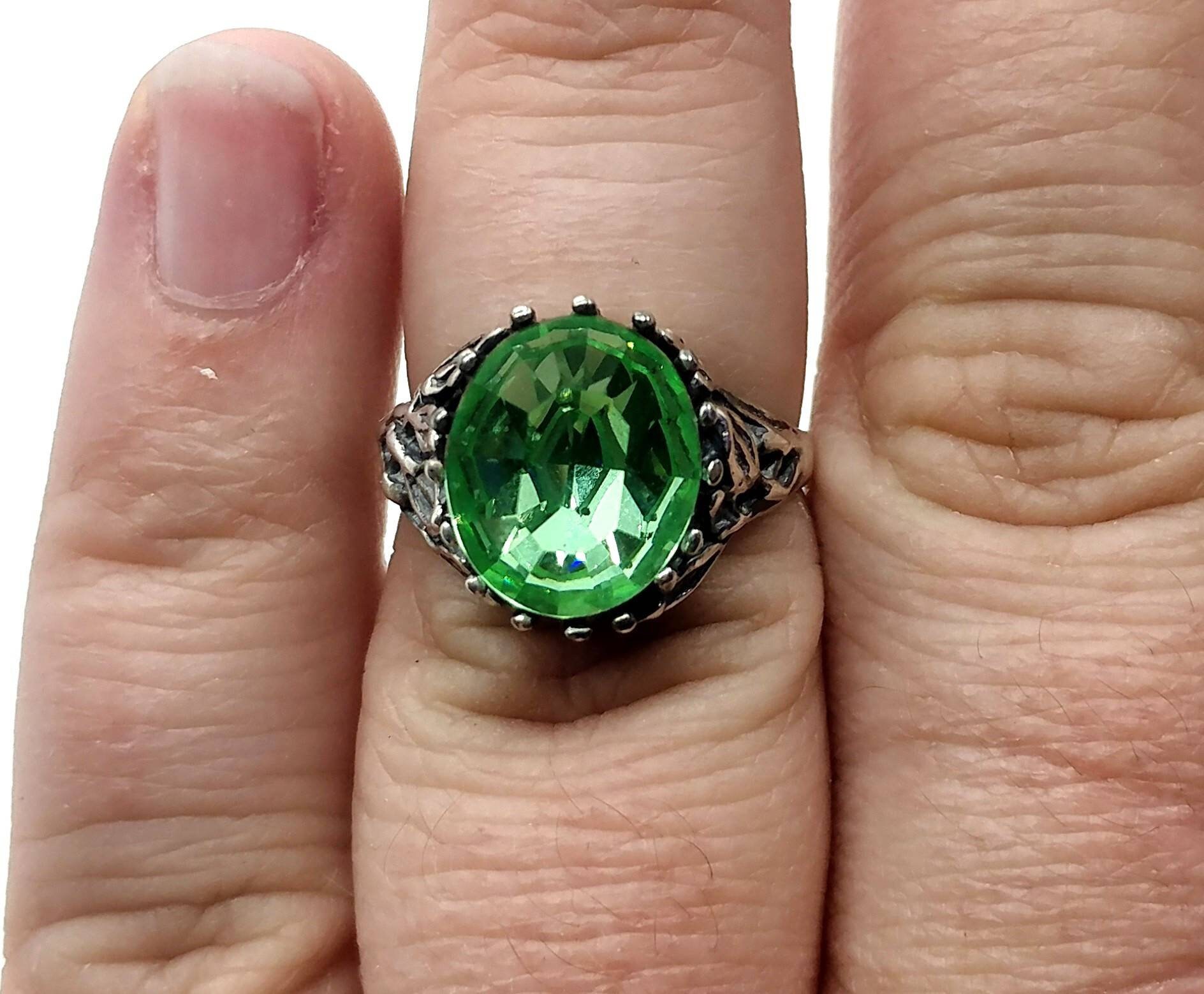 Sterling Uranium Glass Ring Leaves Branches Green Faceted Oval | Etsy