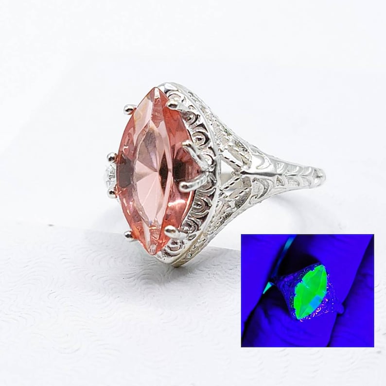 Sterling Pink Uranium Glass Ring Marquise Cut Art Deco Filigree Bright ...