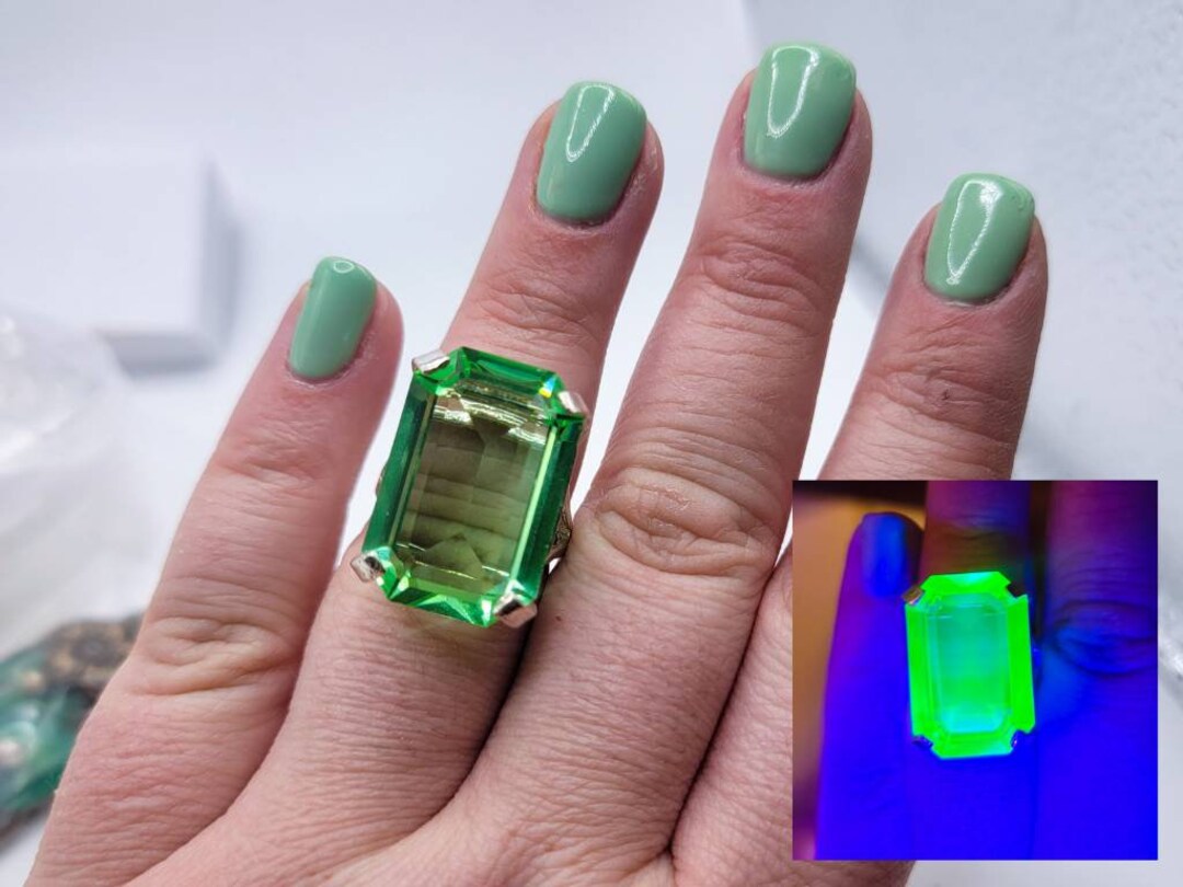 Huge Sterling Uranium Glass Ring Emerald Cut Green Statement Ring ...