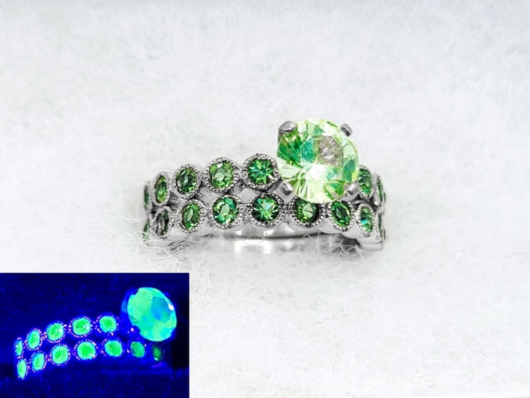 Platinum Uranium Glass Wedding Ring Set Green Engagement & Wedding Band ...