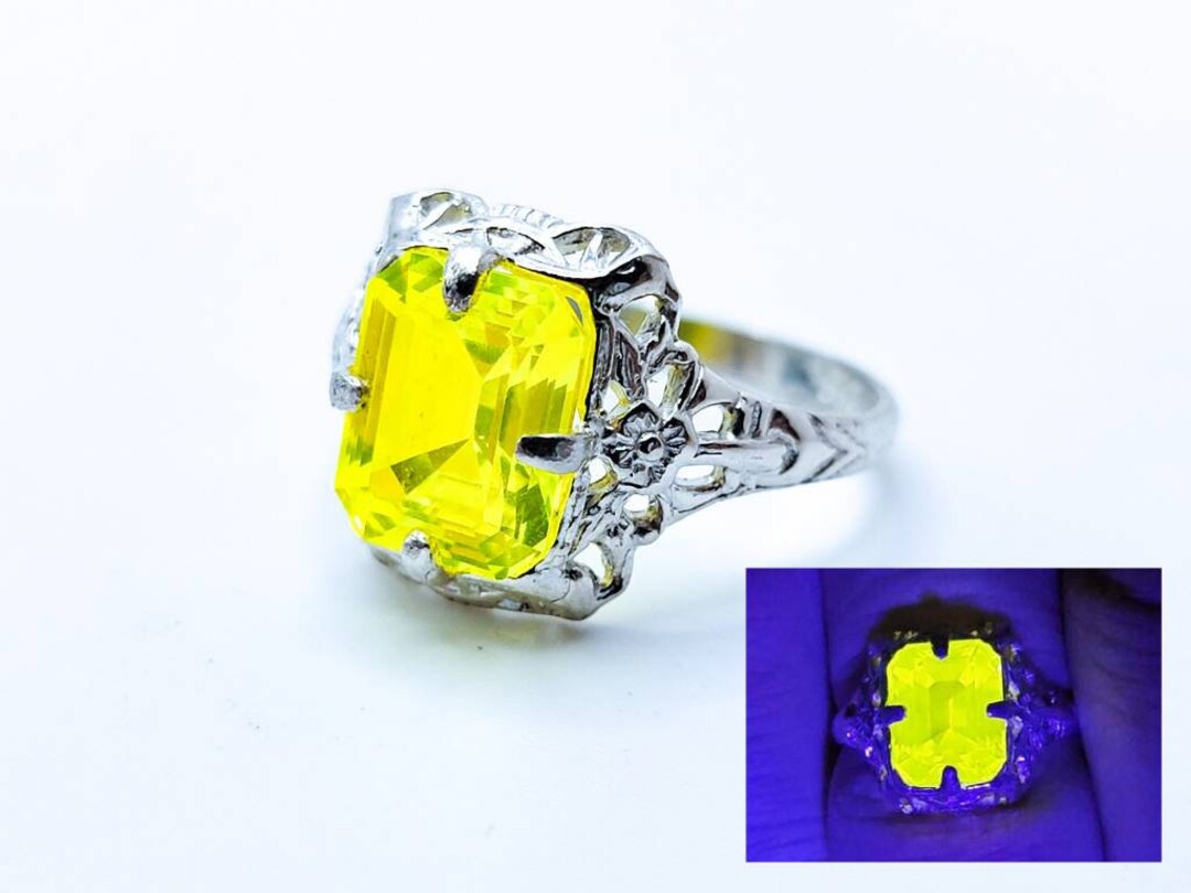 Sterling YAG Ring UV Yellow Yttrium Aluminum Garnet Emerald Cut Floral ...