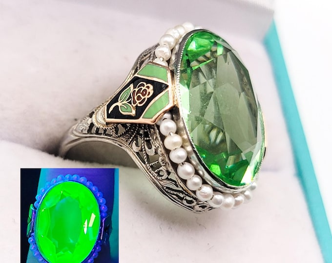 Ostby Barton 10k Uranium Glass Ring Art Deco Filigree White Gold Enamel ...