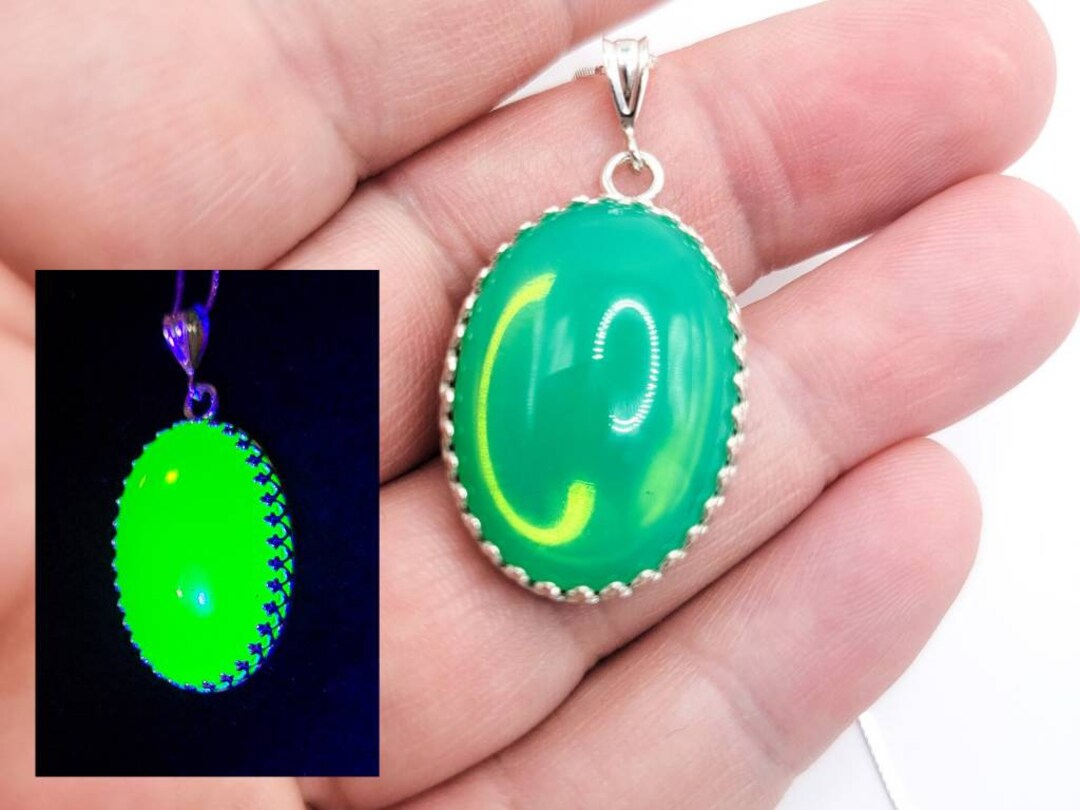 Sterling Uranium Glass Necklace Blue Green Opal mermaid Stone Large ...