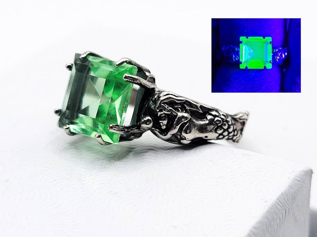 Sterling Mermaid Uranium Glass Ring Square Princess Cut 925 Silver - Etsy