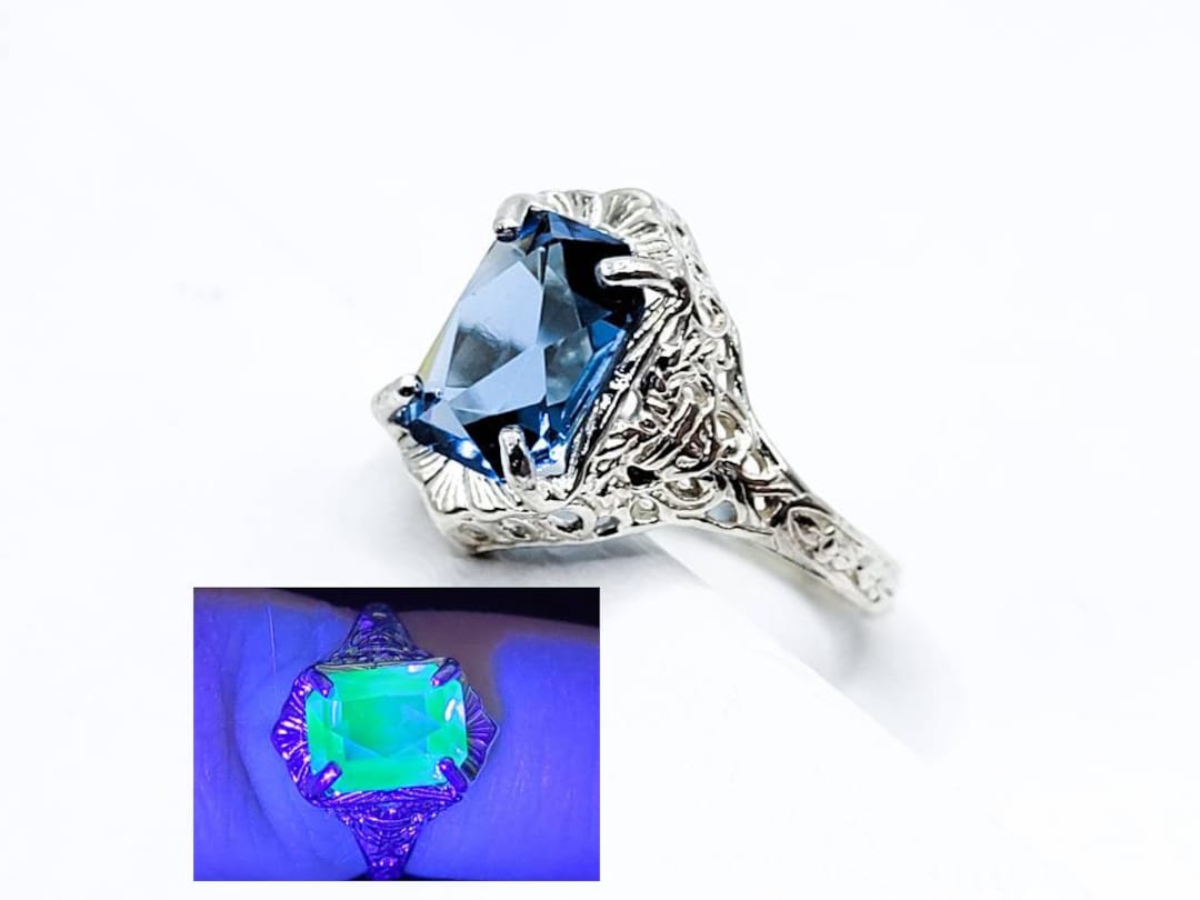 Sterling Blue Uranium Glass Ring Rare Ceylon Sapphire Color Art Deco ...