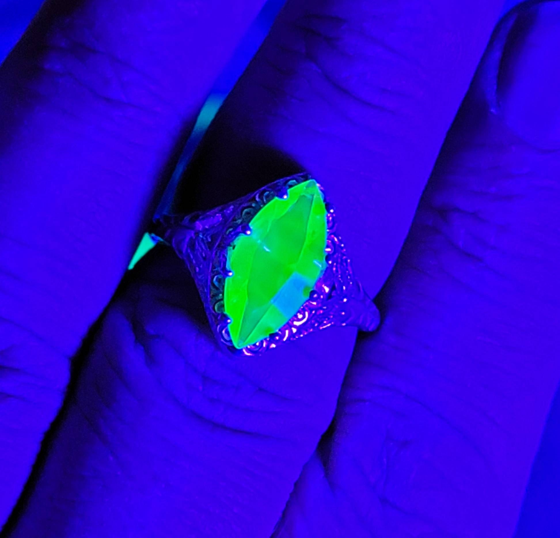 Sterling Pink Uranium Glass Ring Marquise Cut Art Deco Filigree Bright ...