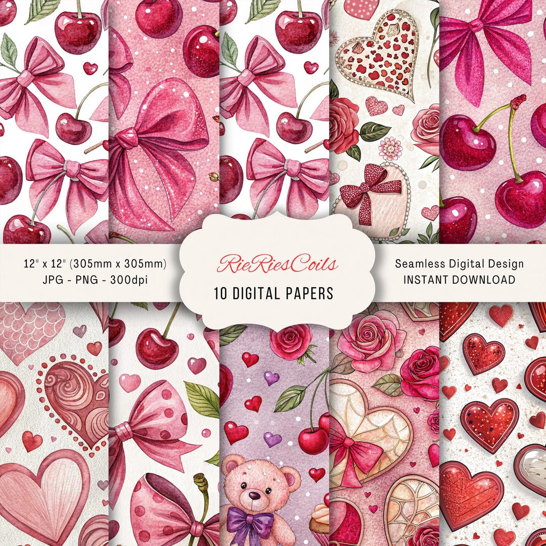 Valentine's Day Seamless Pattern Design Digital Paper Bundle, 10 Png ...
