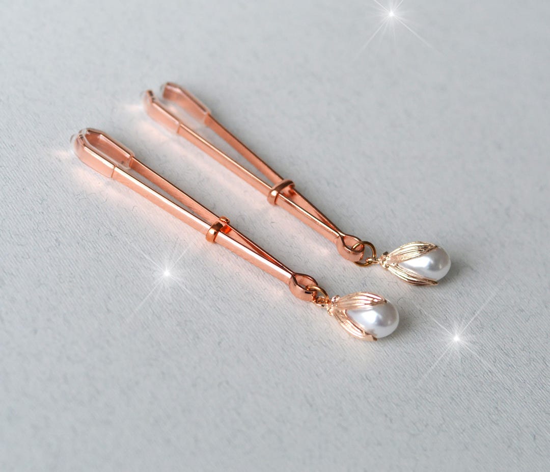 Rose Gold Pearl Nipple Clamps: Stainless Steel Adjustable Non-piercing ...
