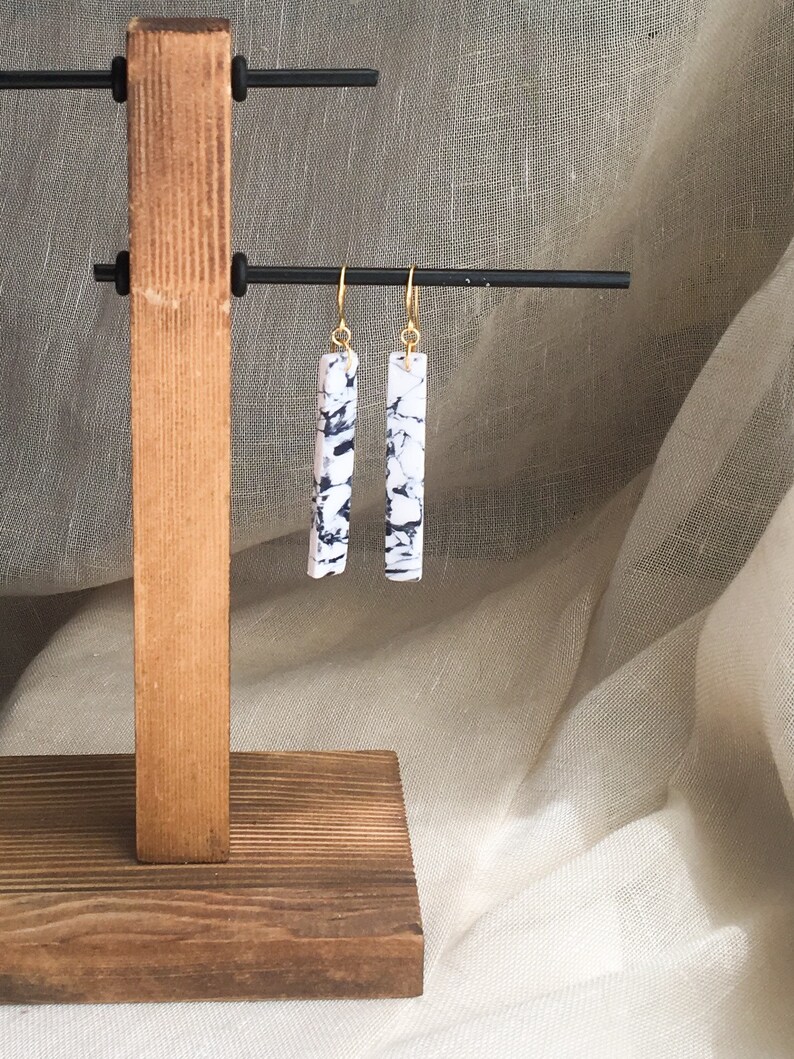 Thin Rectangular Hanging Earrings | Shiny Black and White Marble ...