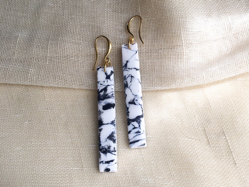 Thin Rectangular Hanging Earrings | Shiny Black and White Marble ...