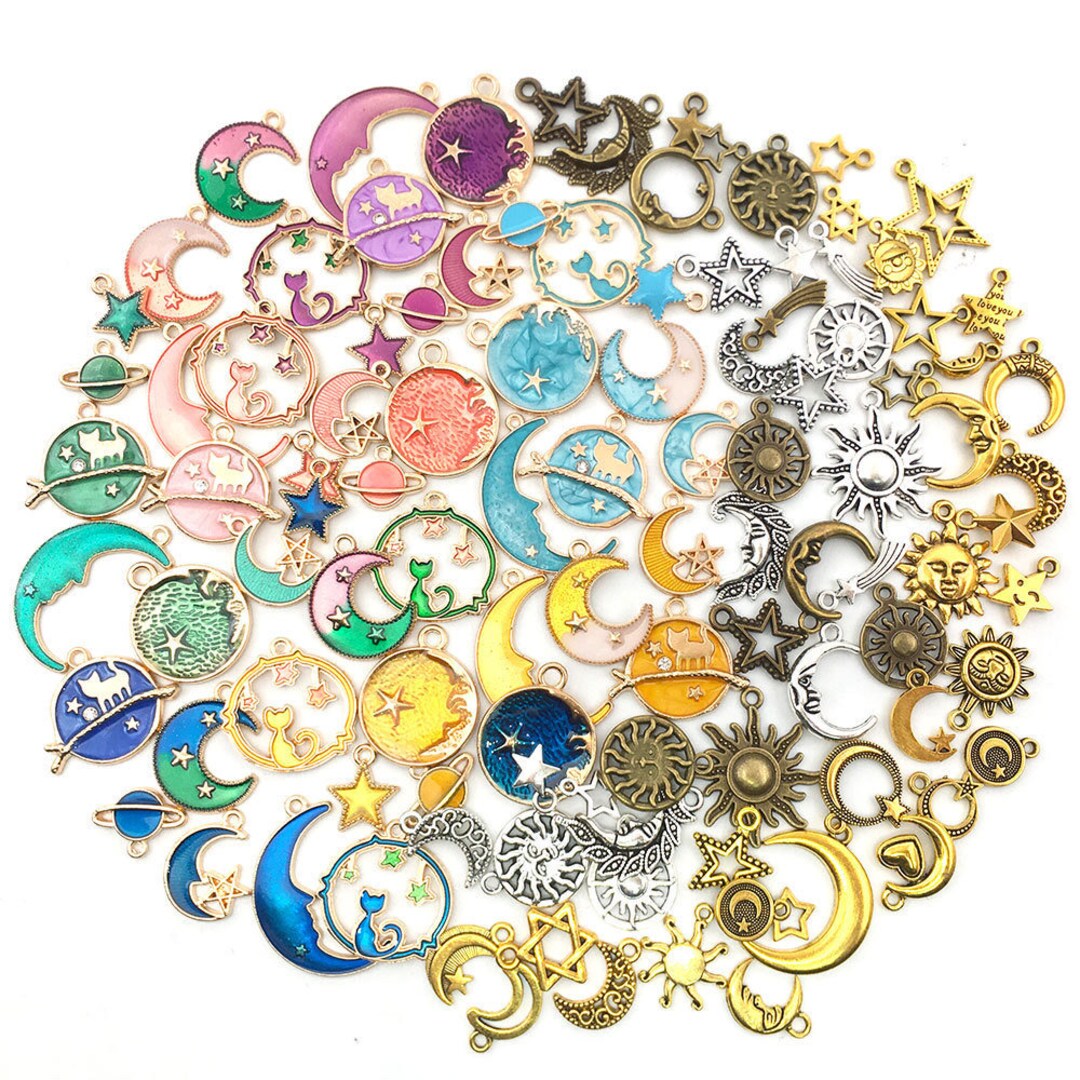 20 Pcs Moon, Starry Sky, Stars, Pentagram Oil Drop Alloy Pendant Charms ...