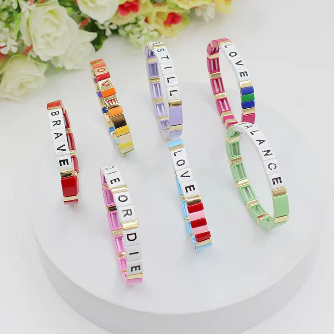 Enamel Tila Tile Stretchy Bracelet,tile Enamel Bracelet,colorblock ...