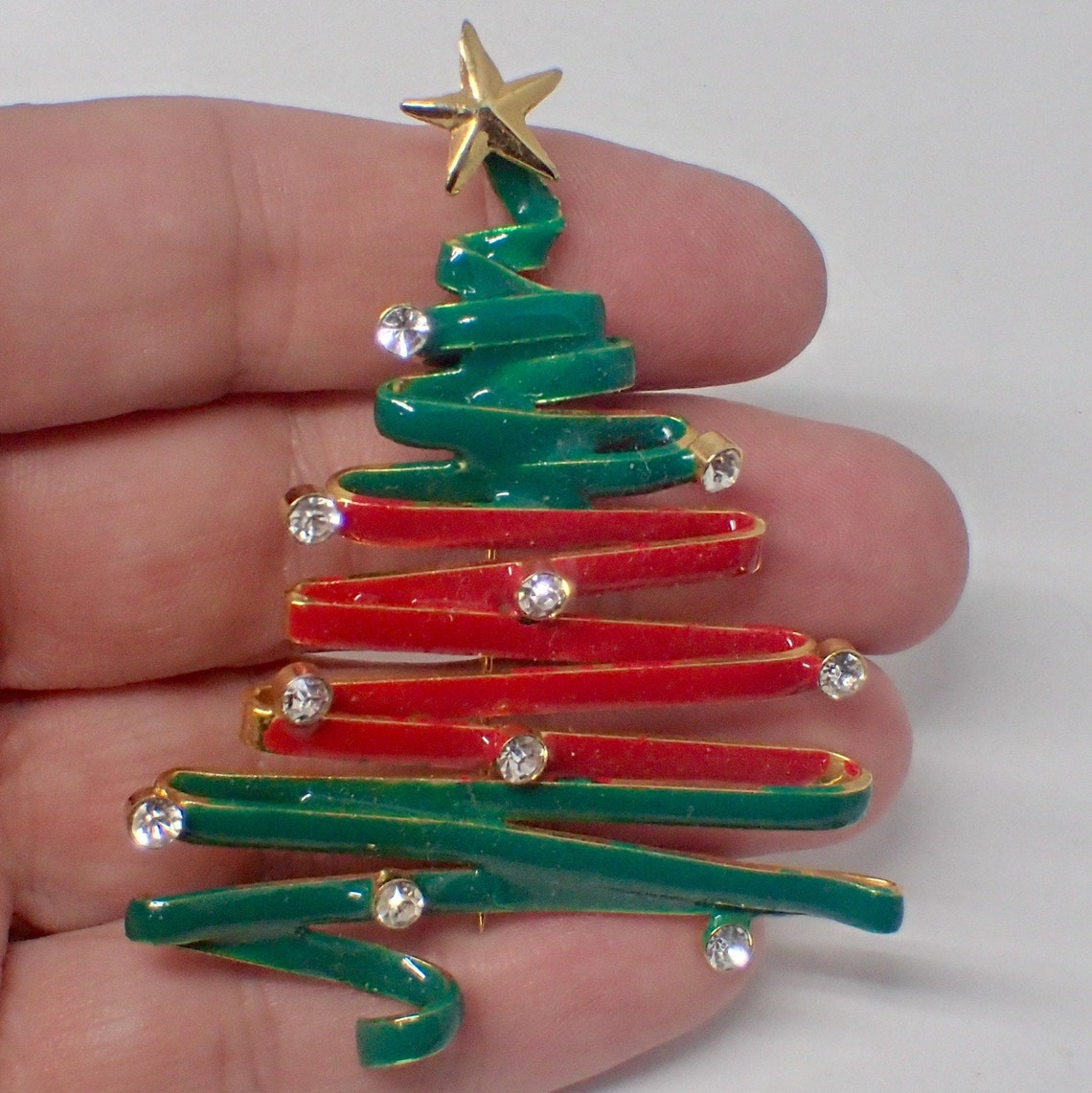 Mid Century Christmas Tree Pin RARE Red Green Enamel Zig-zag - Etsy