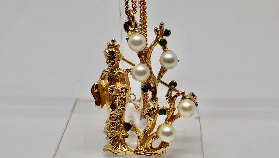 Vintage Geisha Pendant Necklace With Tree of Life, Gold Plated, 1970s ...
