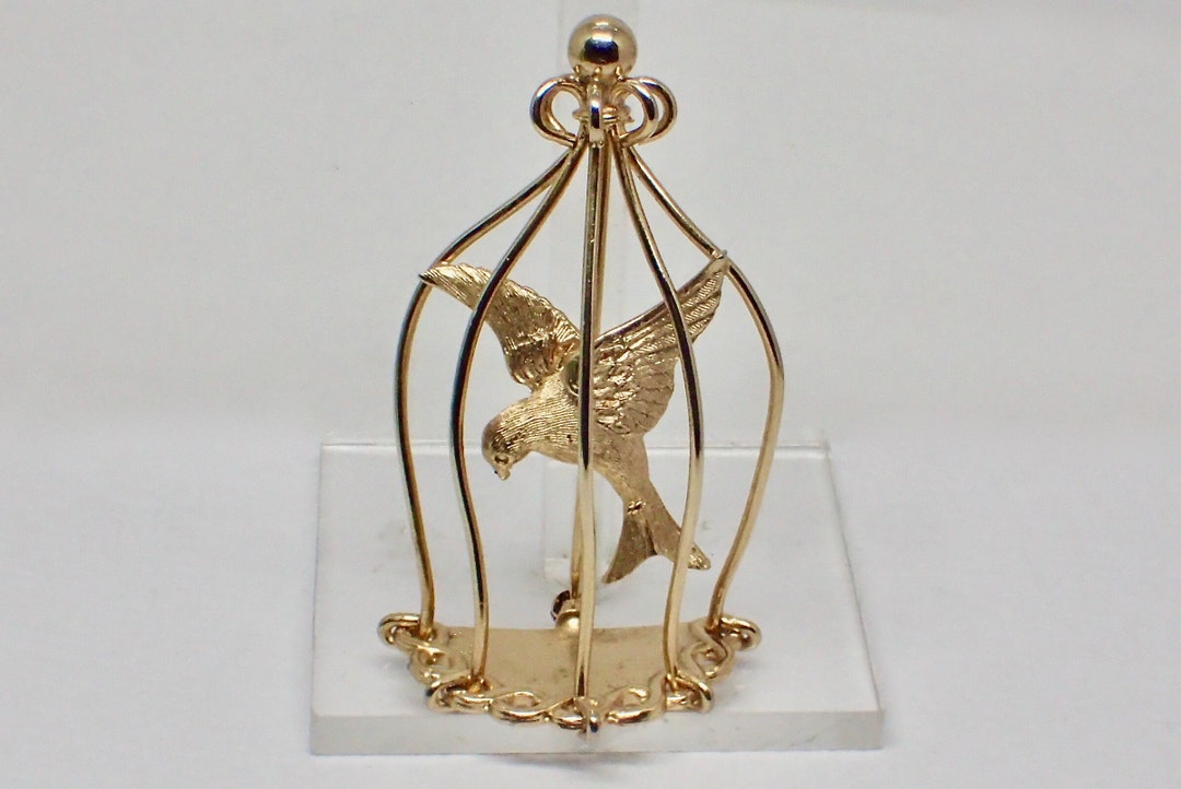 Napier Bird in Birdcage Brooch 3D 1960s Vintage Mid Century, Gold ...