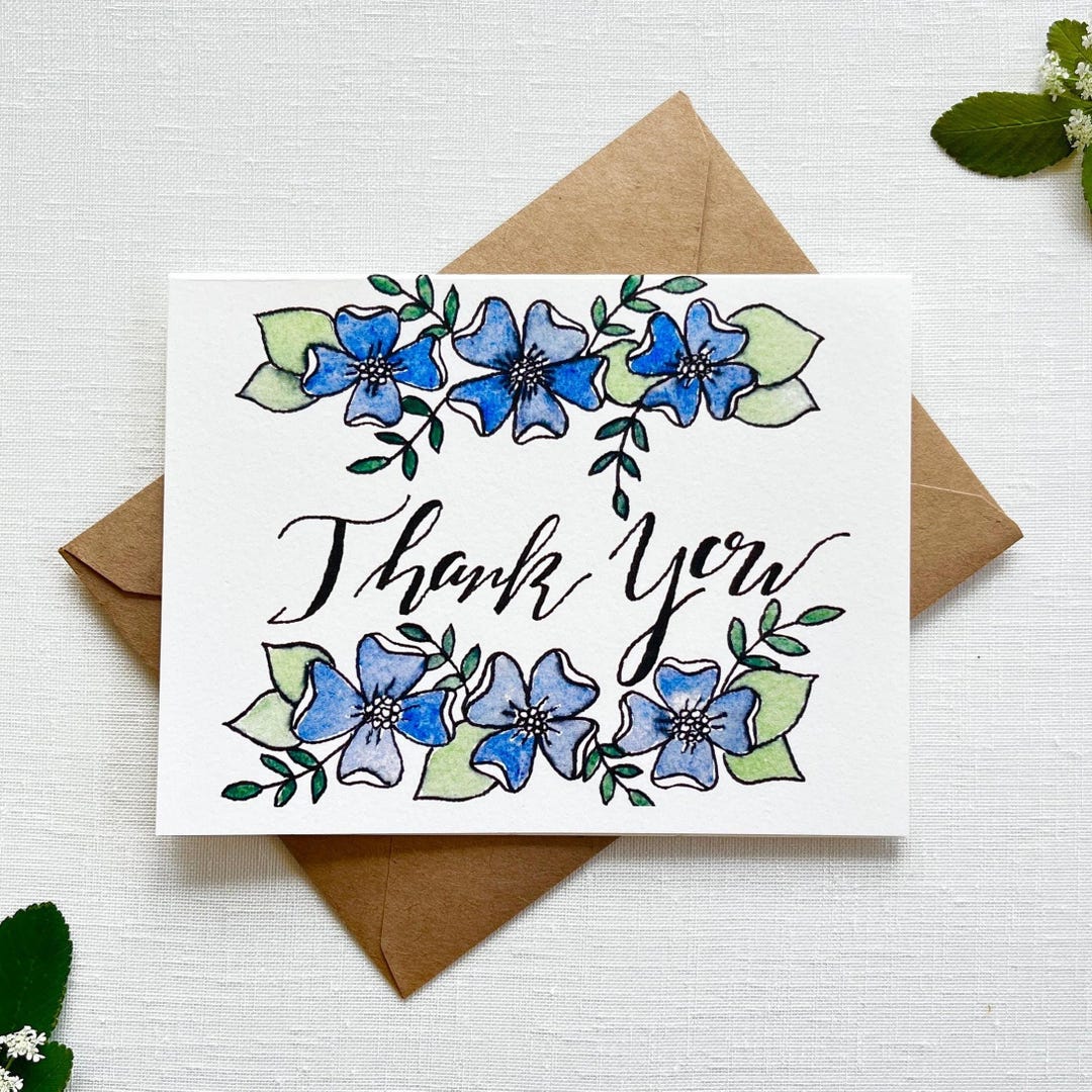Thank You Blue Floral Greeting Card, Watercolor Card With Blank Inside ...