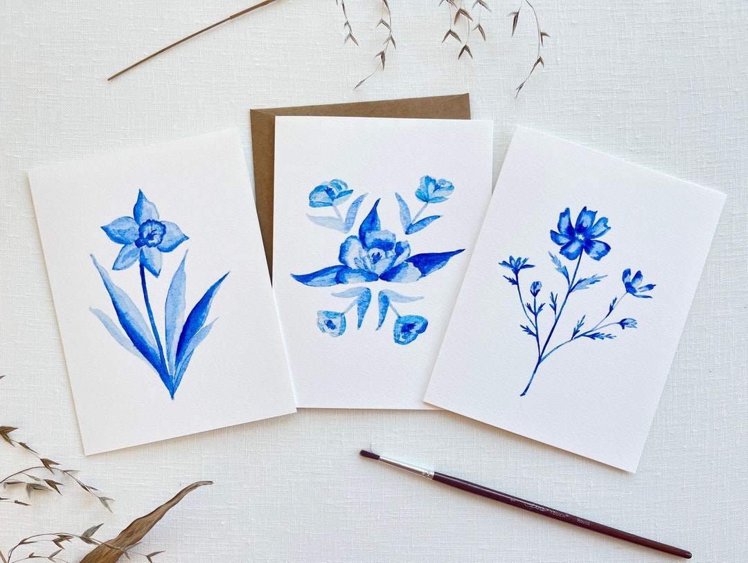Blue and White Floral Greeting Cards - Set of 6 Cards Watercolor ...