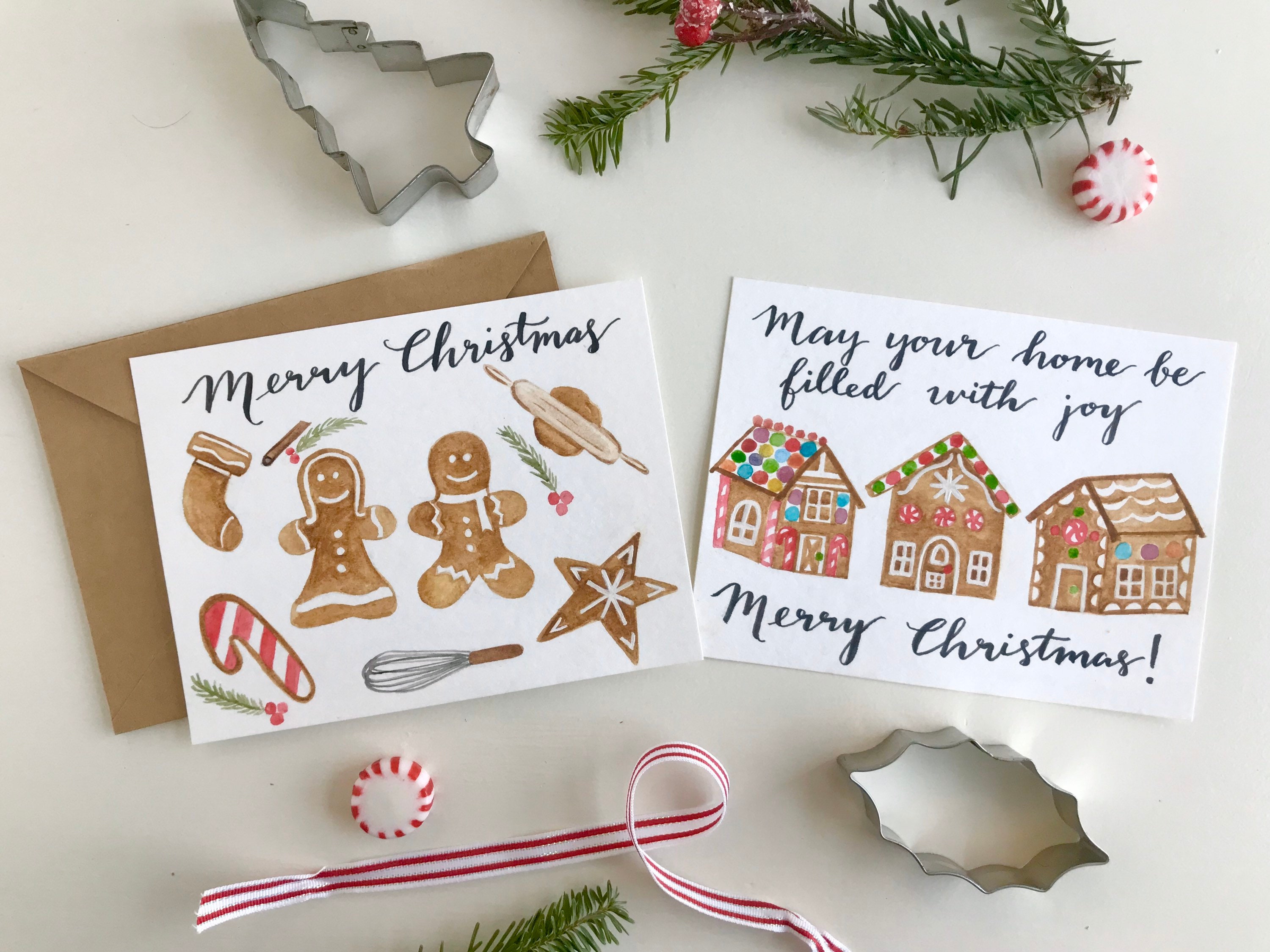 Gingerbread Christmas Cards - Set of 6 Watercolor Christmas Cards ...