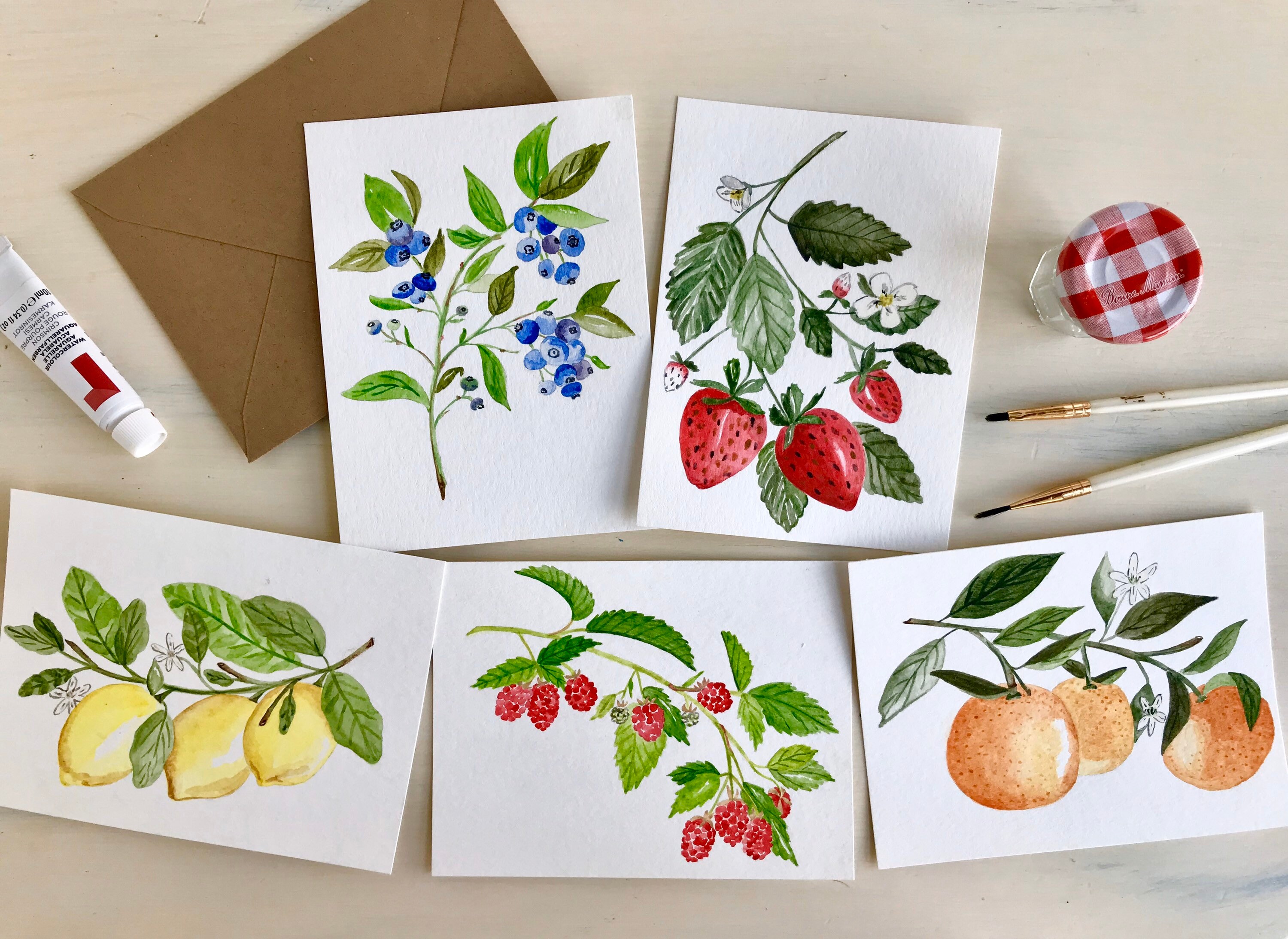 Fruit Greeting Cards - Set of 6 Watercolor Cards Strawberry Card ...