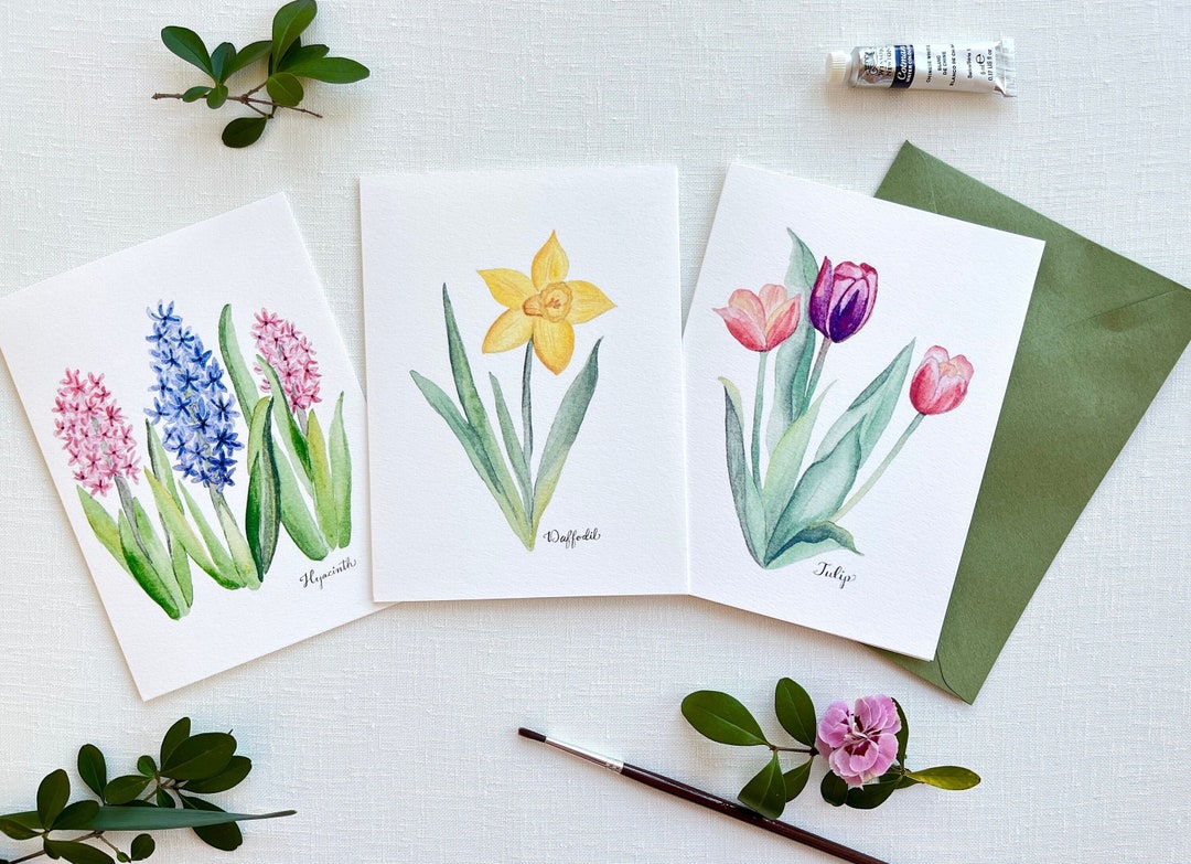 Spring Flowers Greeting Cards - Set of 6 Cards Watercolor Greeting ...