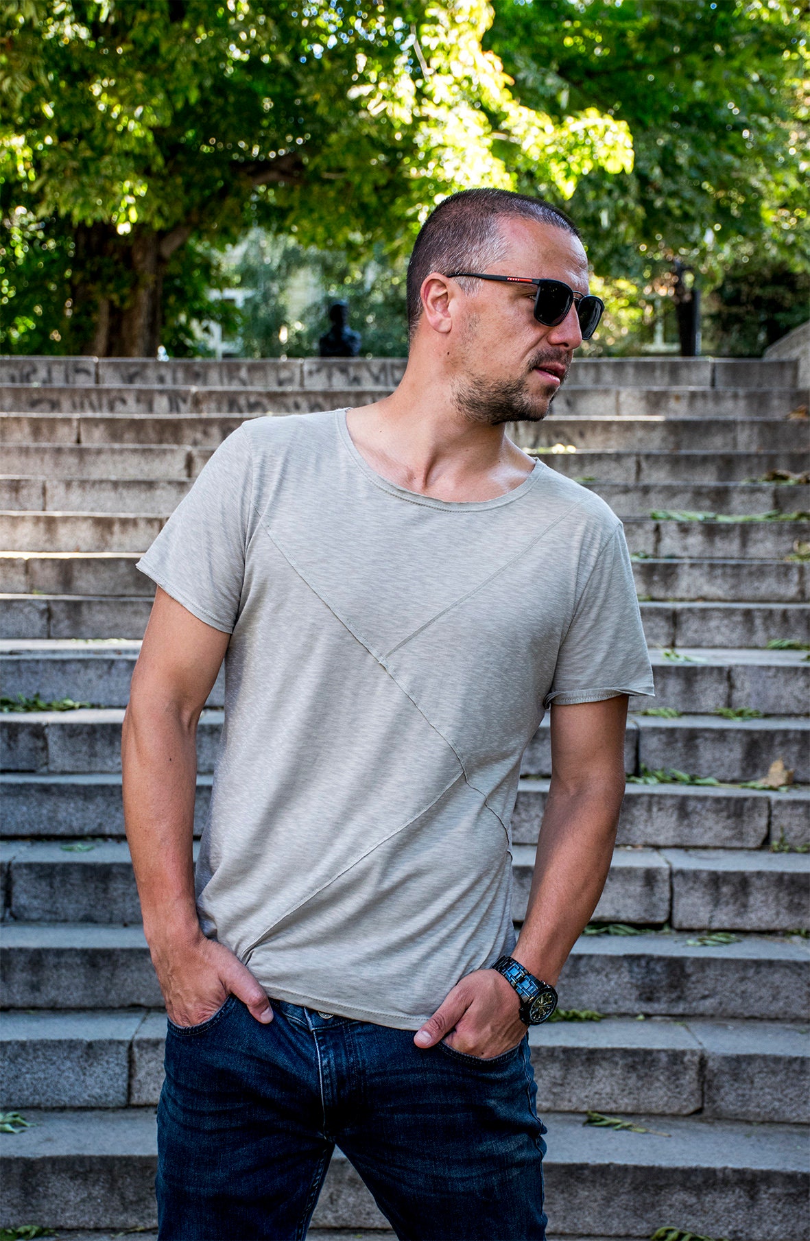 Cropped Men T-shirt in Beige/cotton Man Tee With Short Sleeves/raw-cut ...