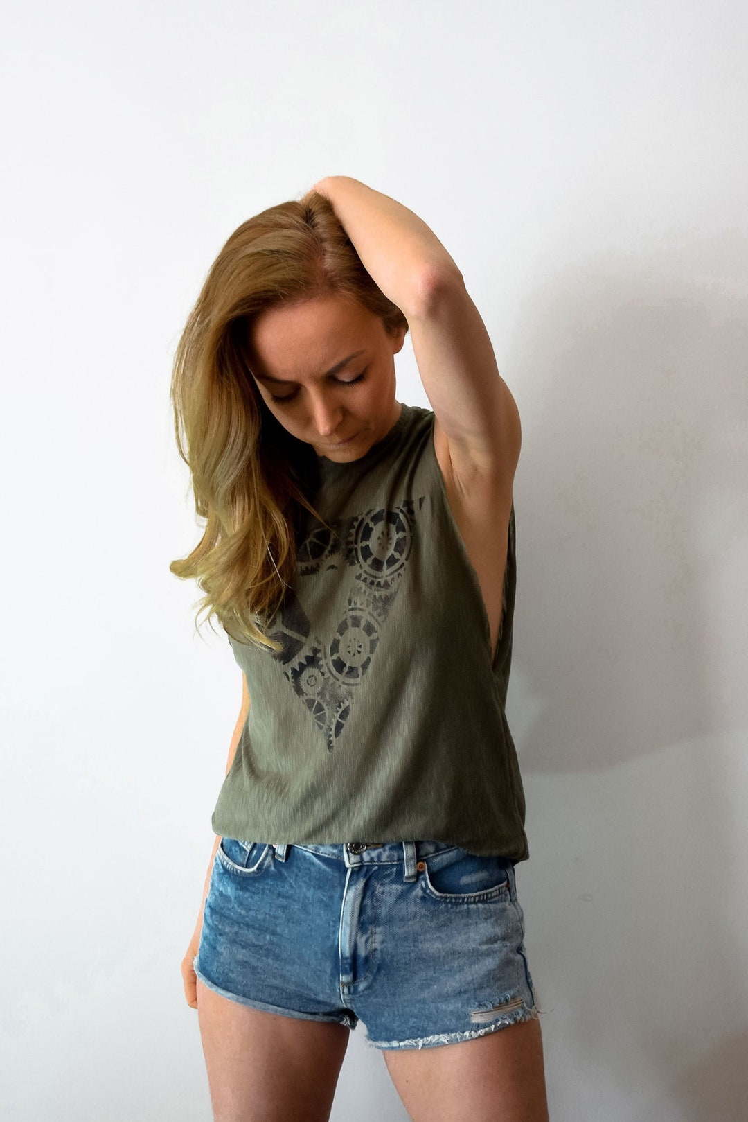 Triangle Abstract Hand Print on Drop Armhole Tank Top in Black and ...