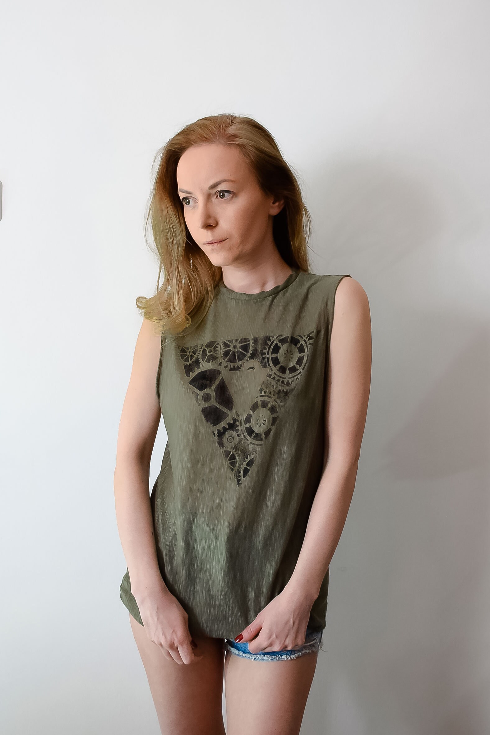 Triangle Abstract Hand Print on Drop Armhole Tank Top in Black and ...