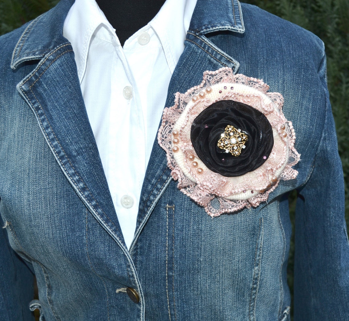 Big Textile Embroidery Brooch in Form Large Rose With Lace Pearls ...