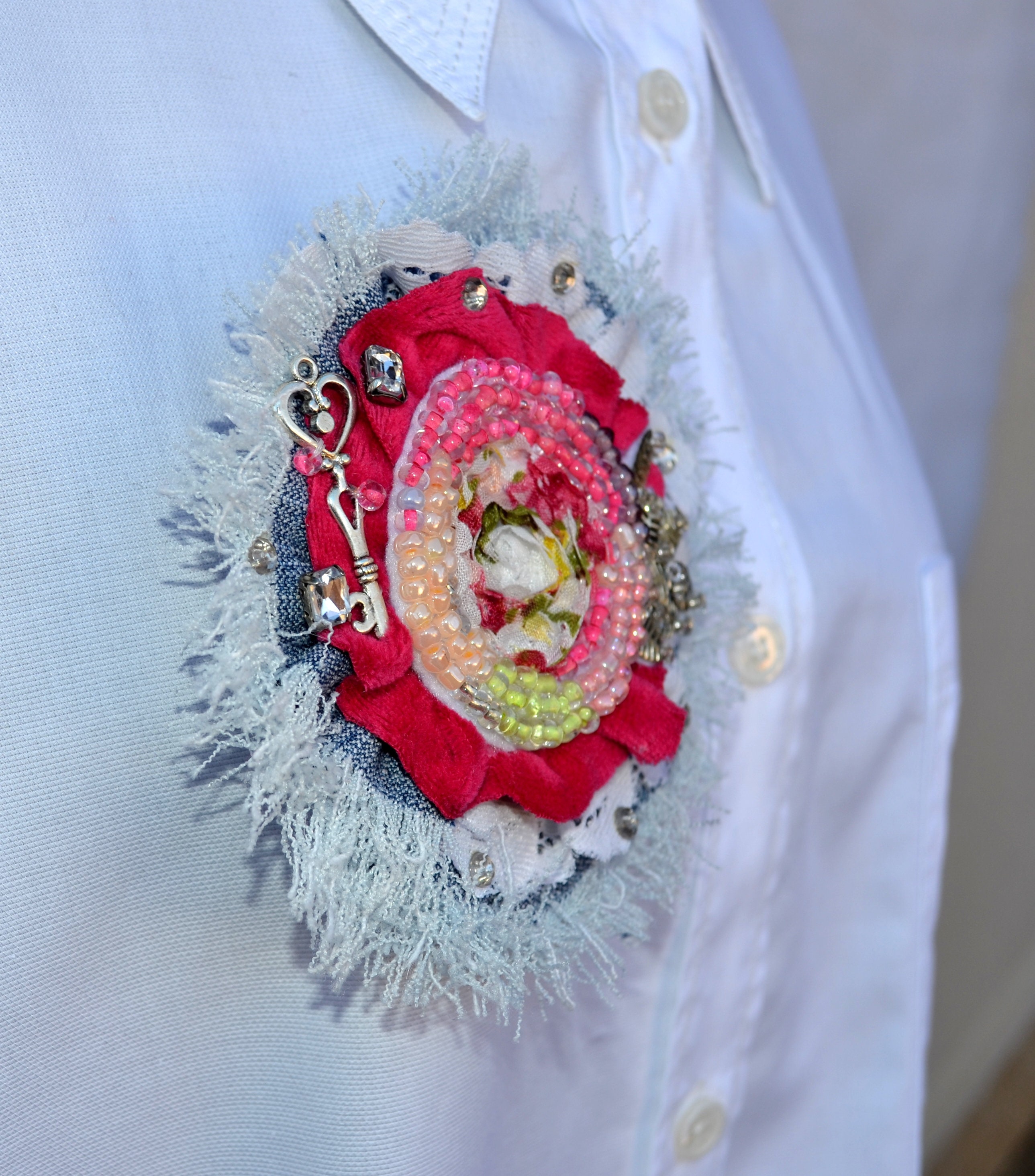 Large Textile Embroidery Brooch in Shape Rose With Key Beaded - Etsy