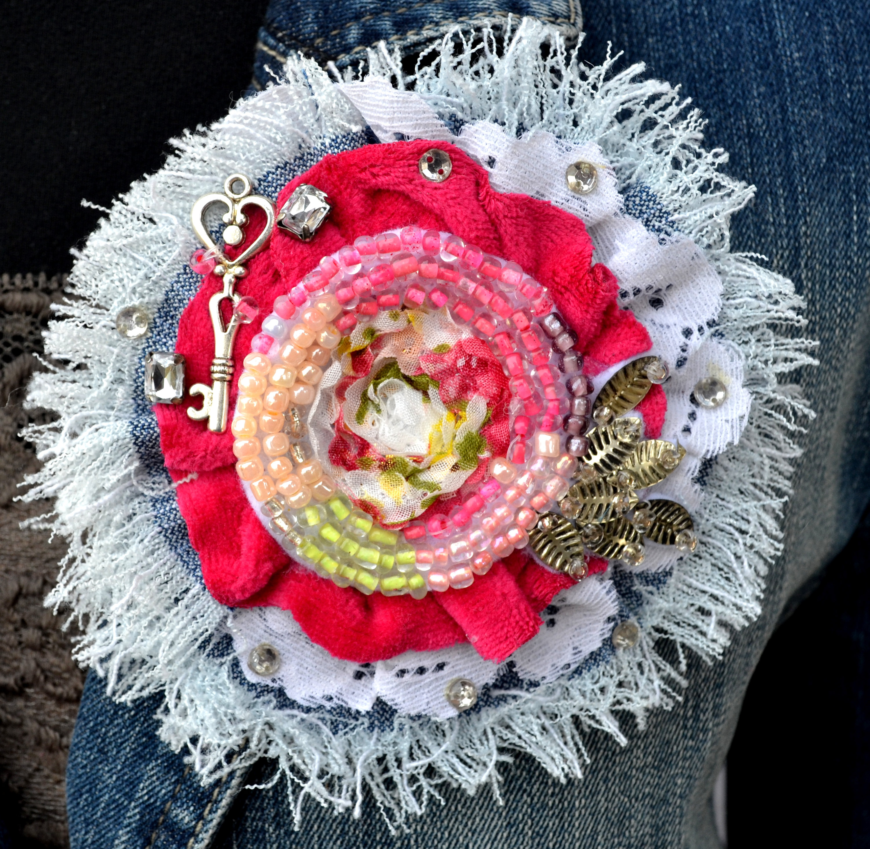 Large Textile Embroidery Brooch in Shape Rose With Key Beaded - Etsy