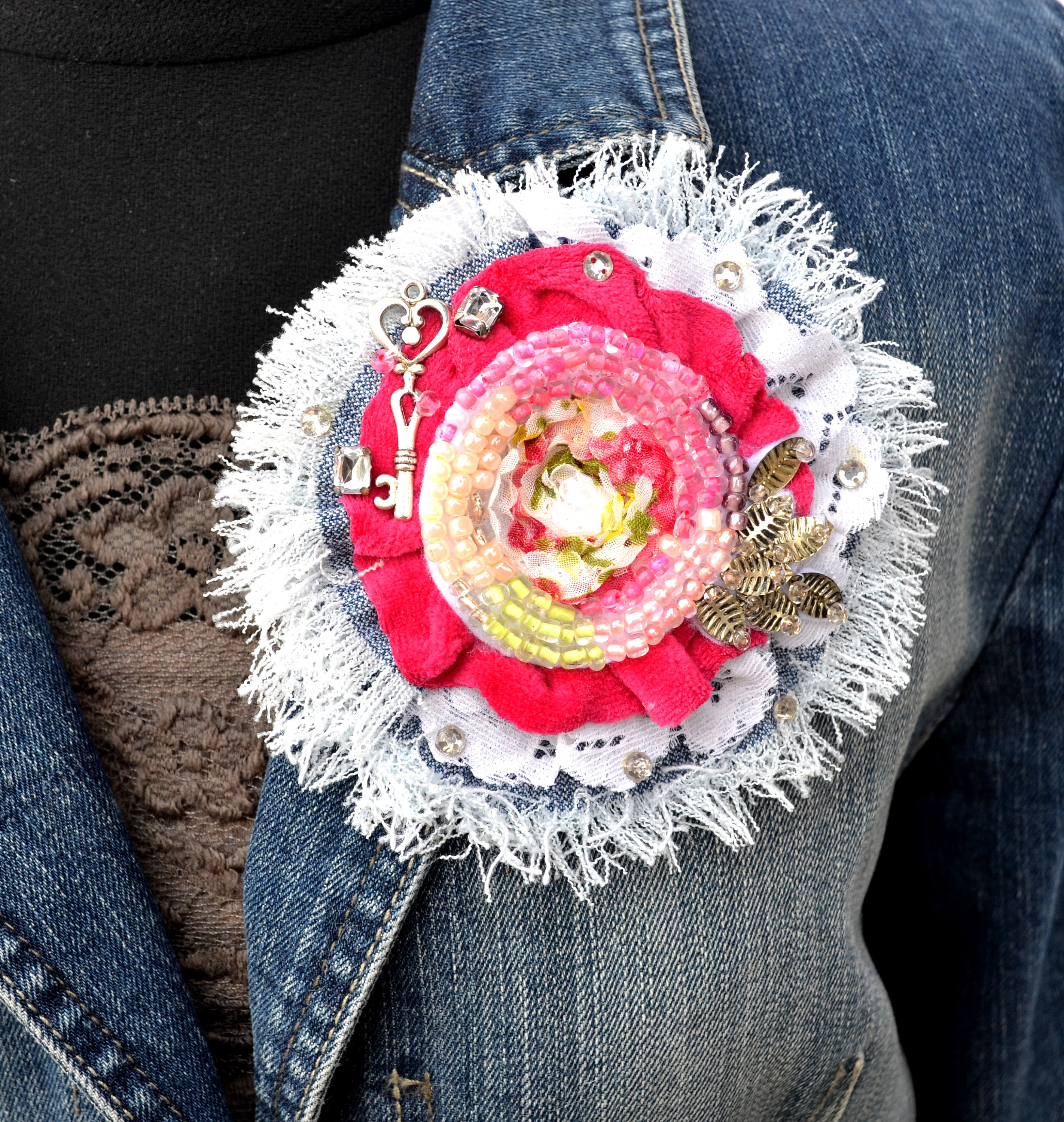 Large Textile Embroidery Brooch in Shape Rose With Key Beaded - Etsy
